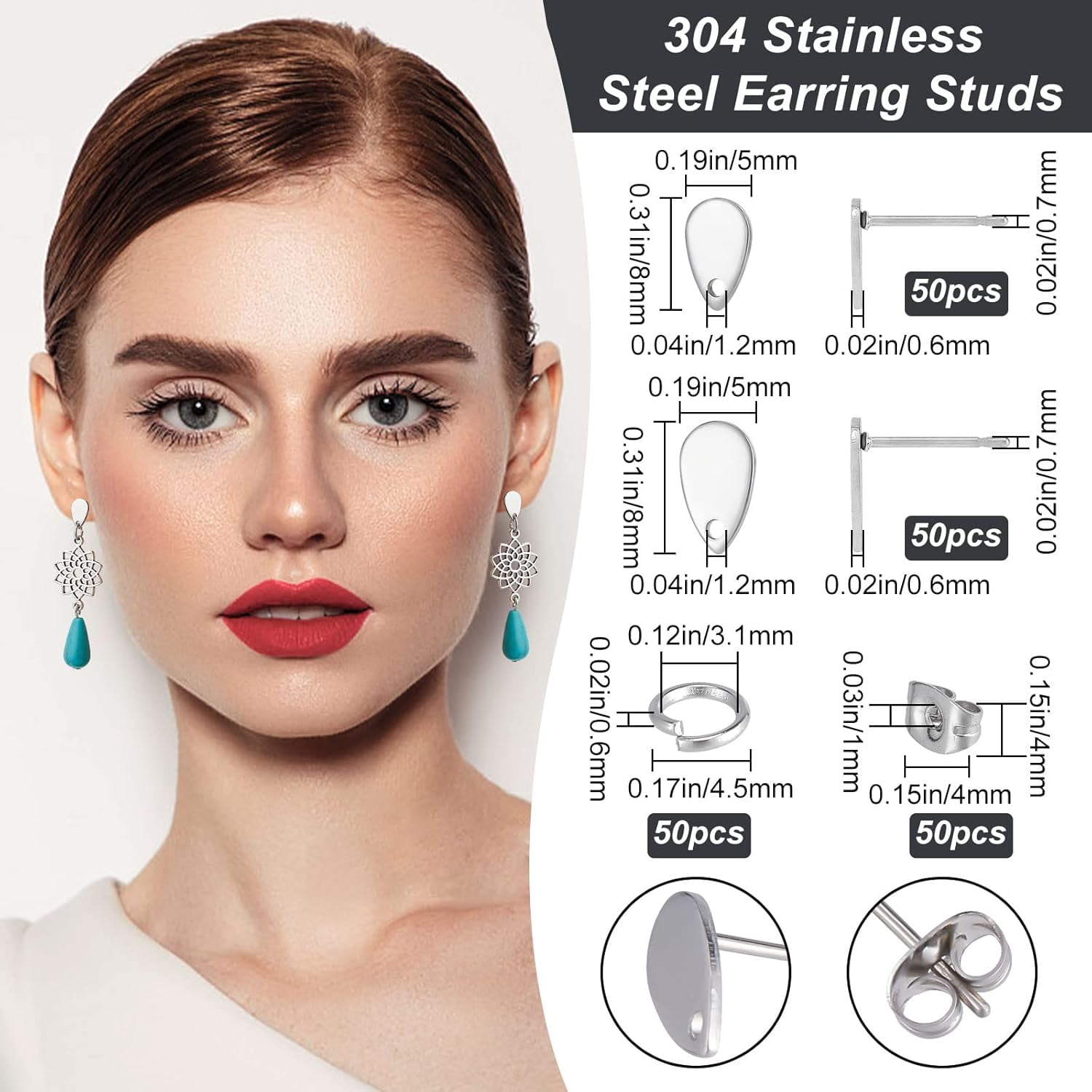 1box 100pcs Teardrop Stud Earring Findings 2 Size Stainless Steel ...