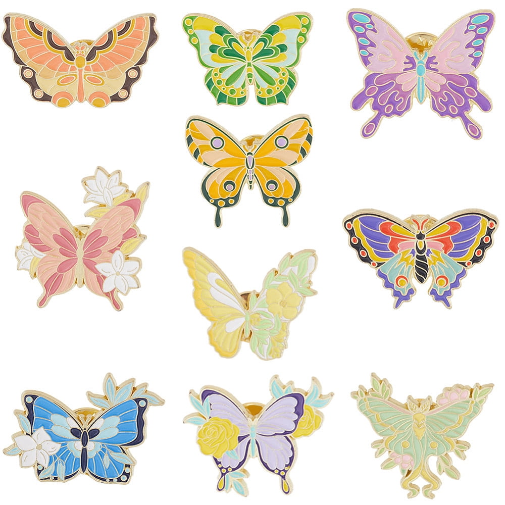1box 10Pcs 10 Style Flower Butterfly Enamel Pin Gold Plated Alloy Badge ...