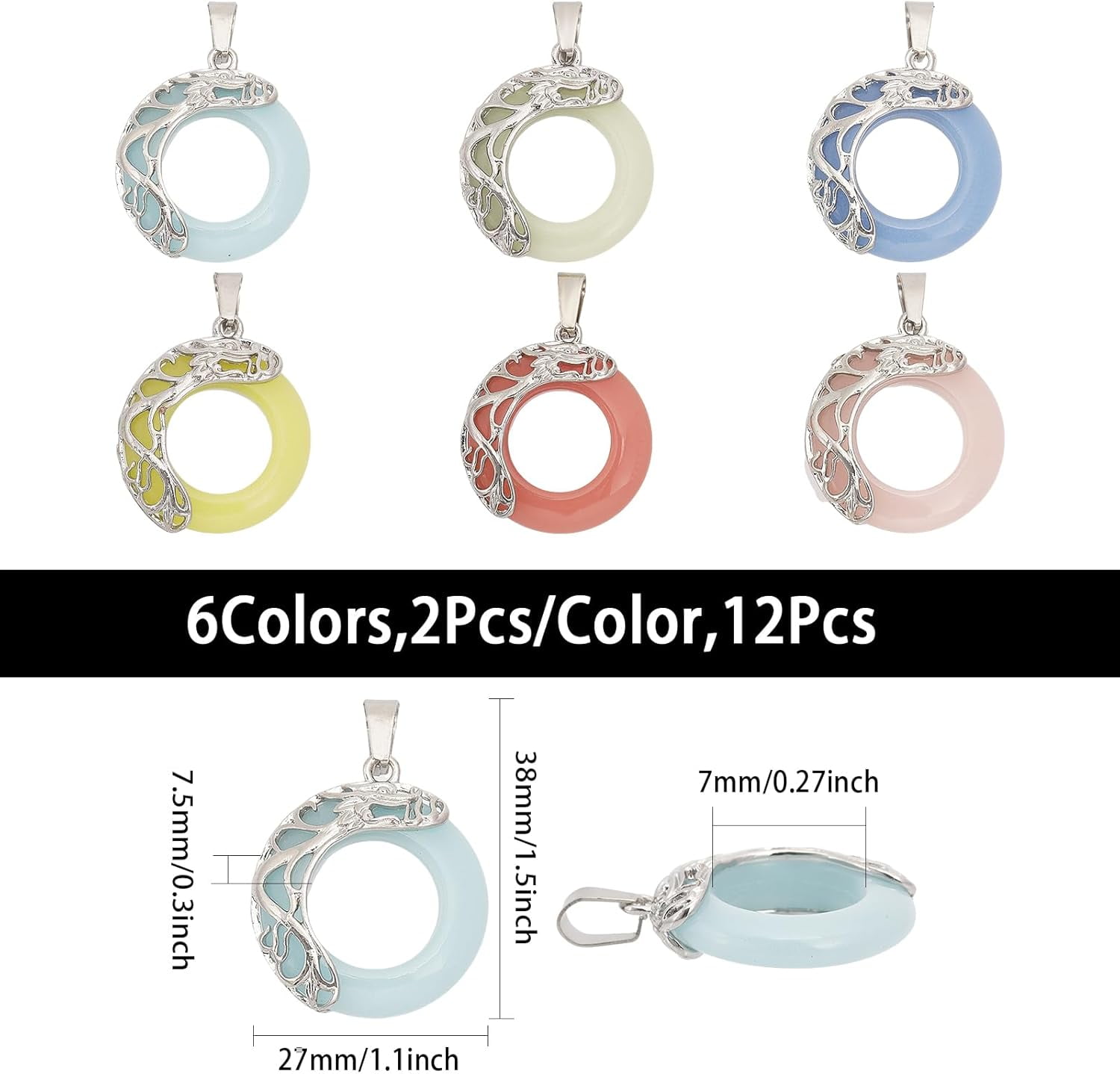 1box 12pcs 6 colors Luminous Stone Pendants Glow in Dark Alloy Dragon ...