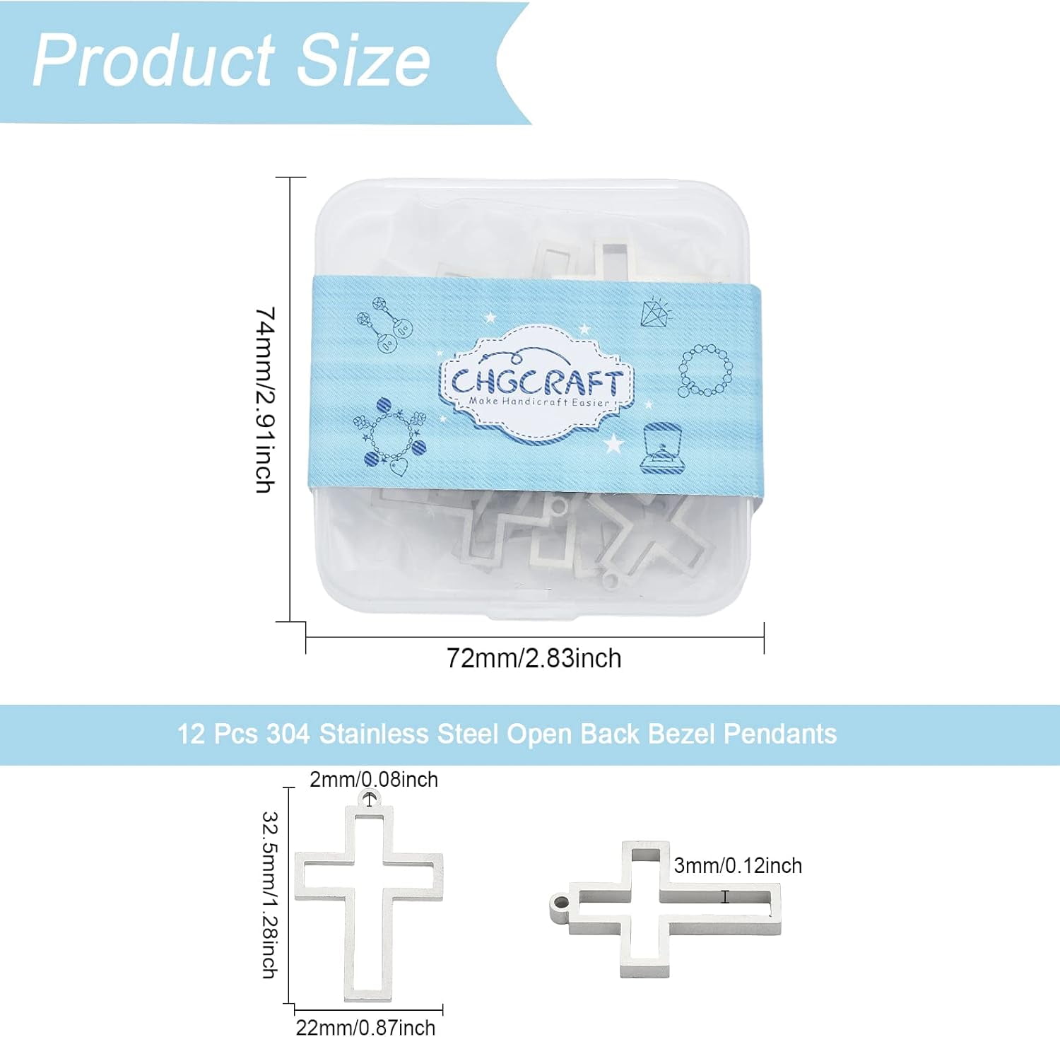 1box 12pcs Hollow Cross Frame Pendants 304 Stainless Steel Open Back ...