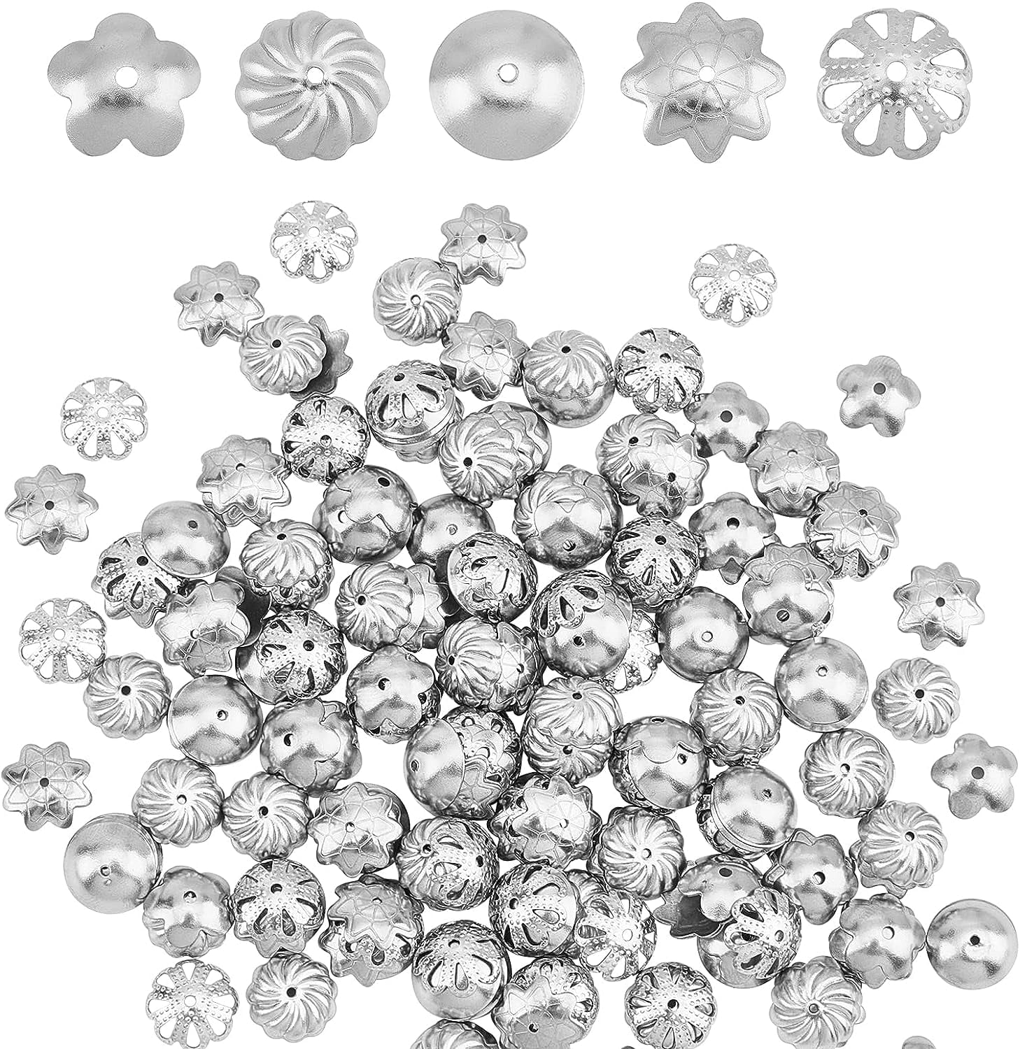 1box 300Pcs 5 Styles Bead Caps Stainless Steel Multi-Petal Flower Shape ...