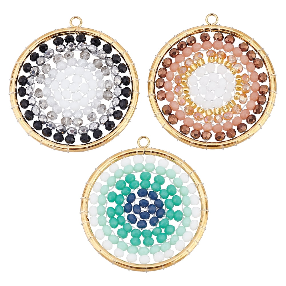1box 3pcs 3 colors 304 Stainless Steel Pendants with Glass Beads Flat ...