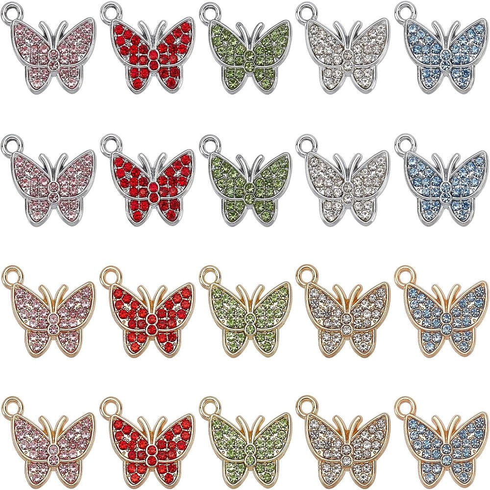 1box 40Pcs 10 Colors Alloy Pendants with Rhinestone Butterfly Charms ...