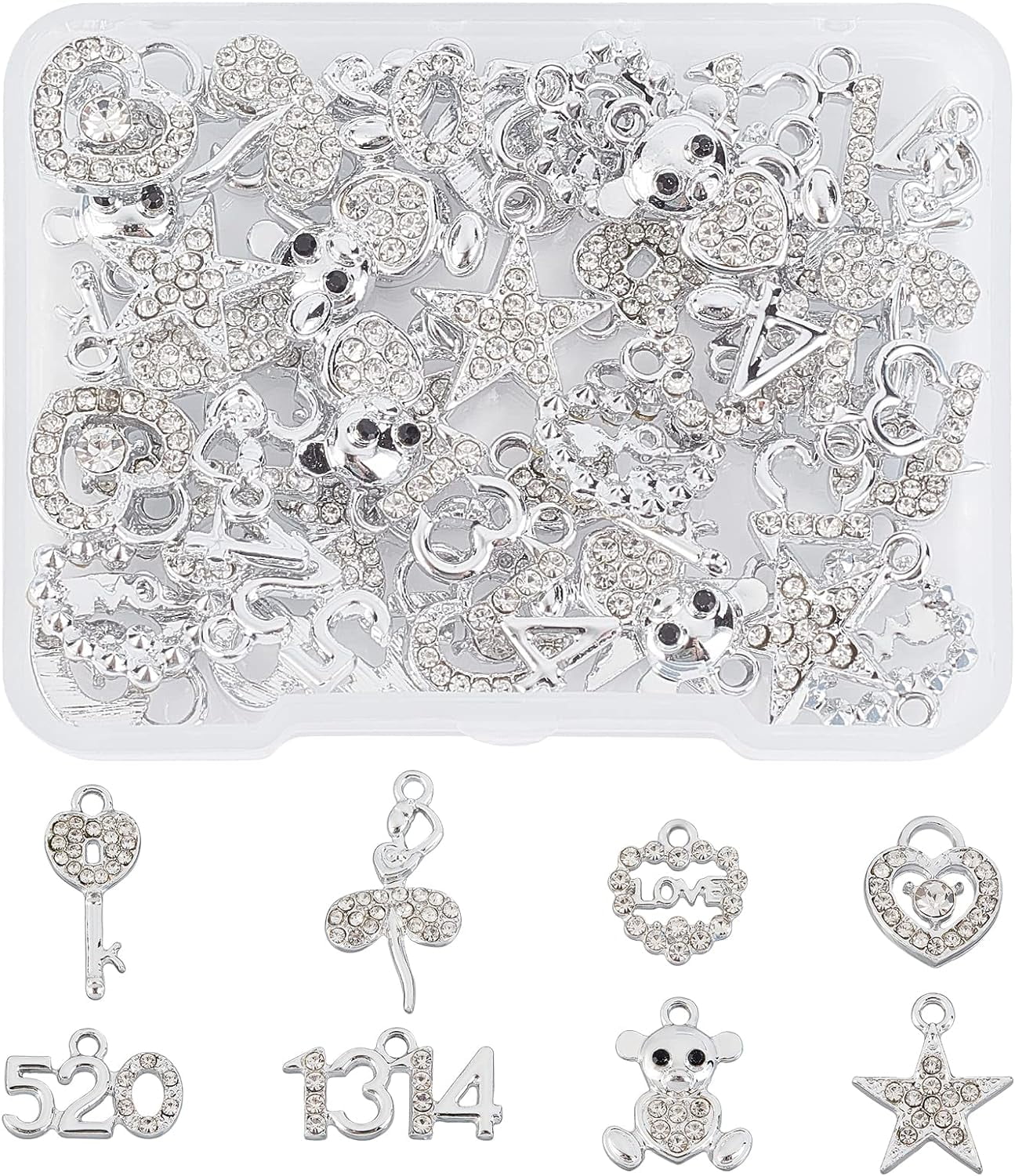 1box 48Pcs 8 Style Alloy Pendants with Rhinestone Heart Key Star Dancer ...