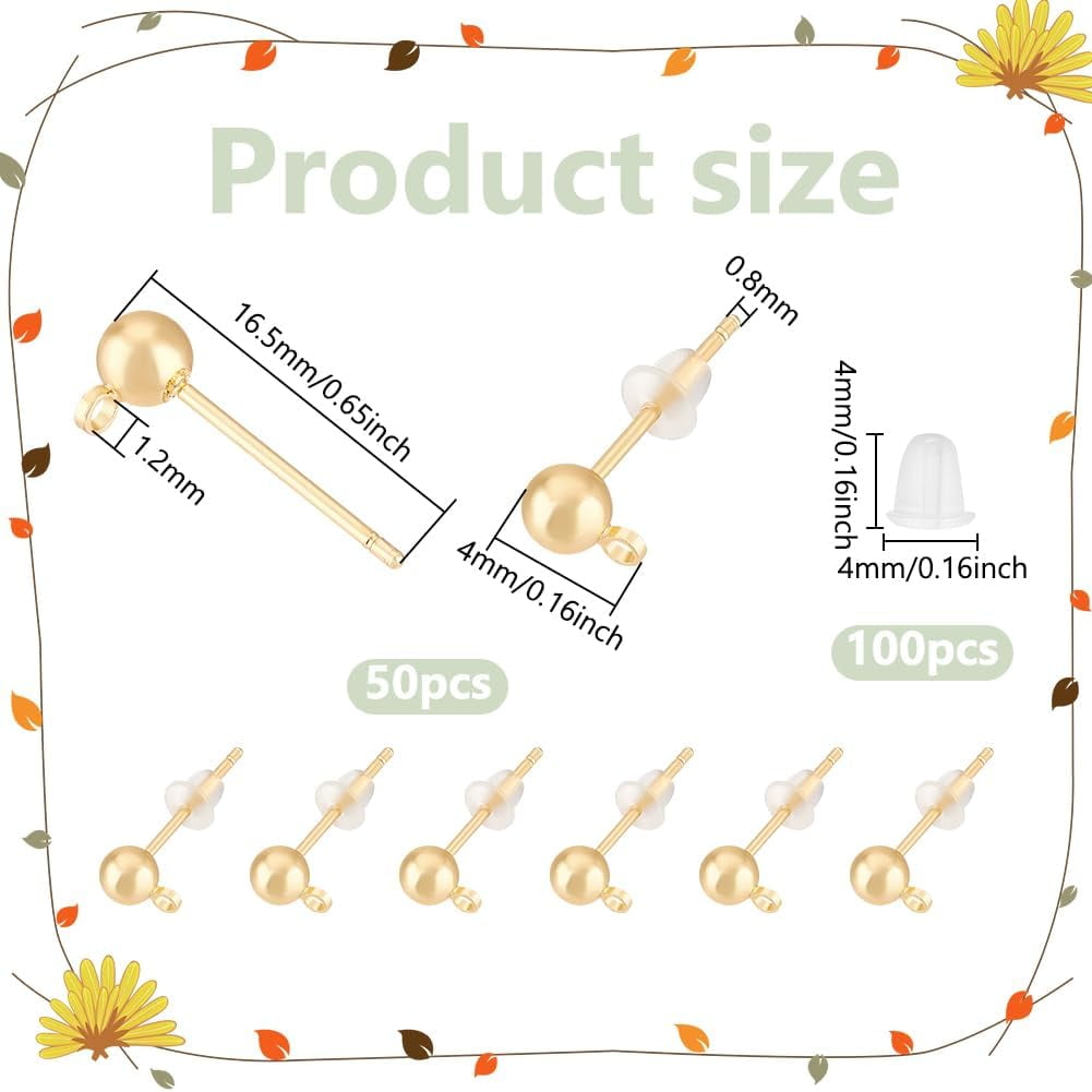 1box 50pcs Brass Ball Stud Earring Post with Horizontal Loops Stud ...