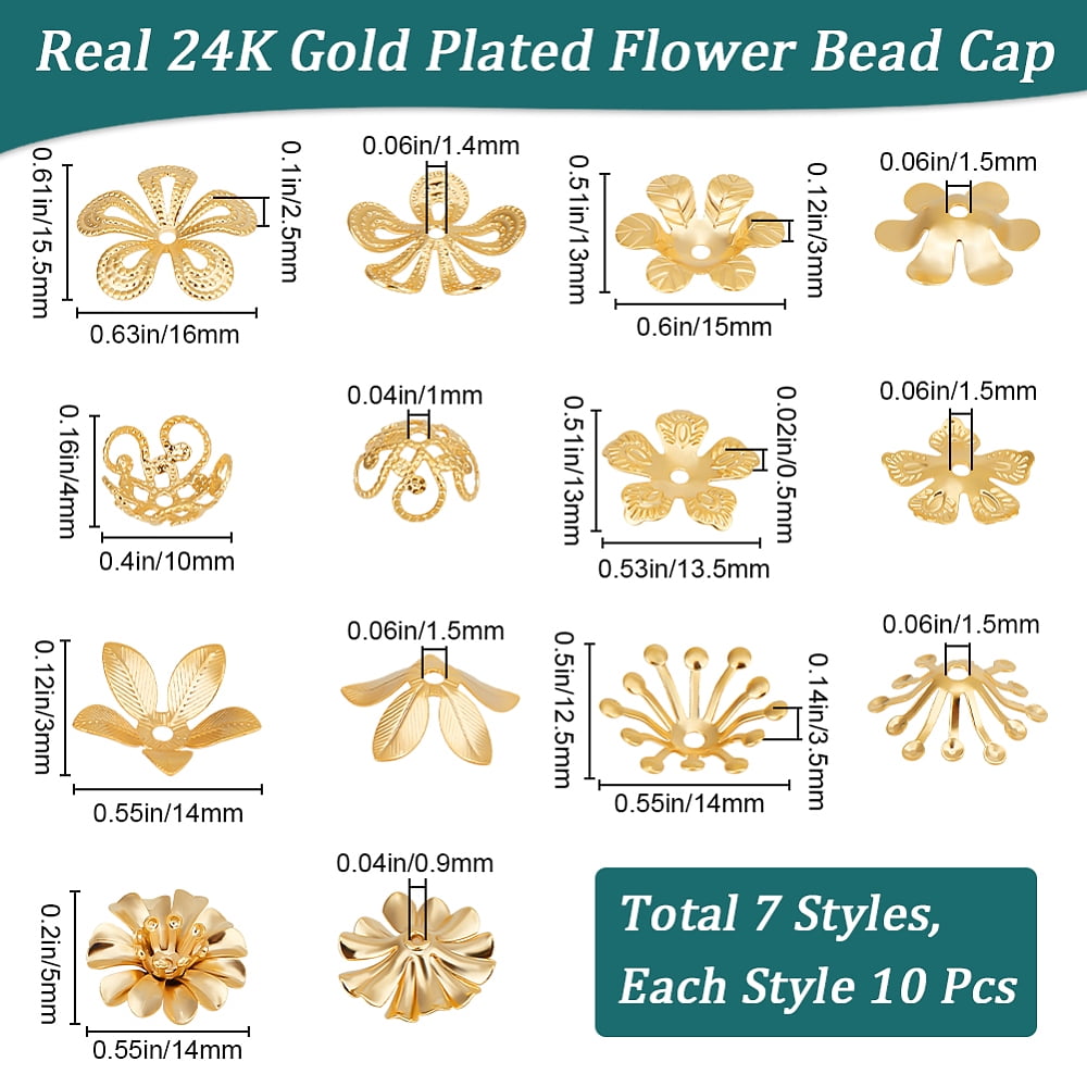 1box 70pcs 7 styles Brass Bead Cap Long-Lasting Flower golden 11~15 ...