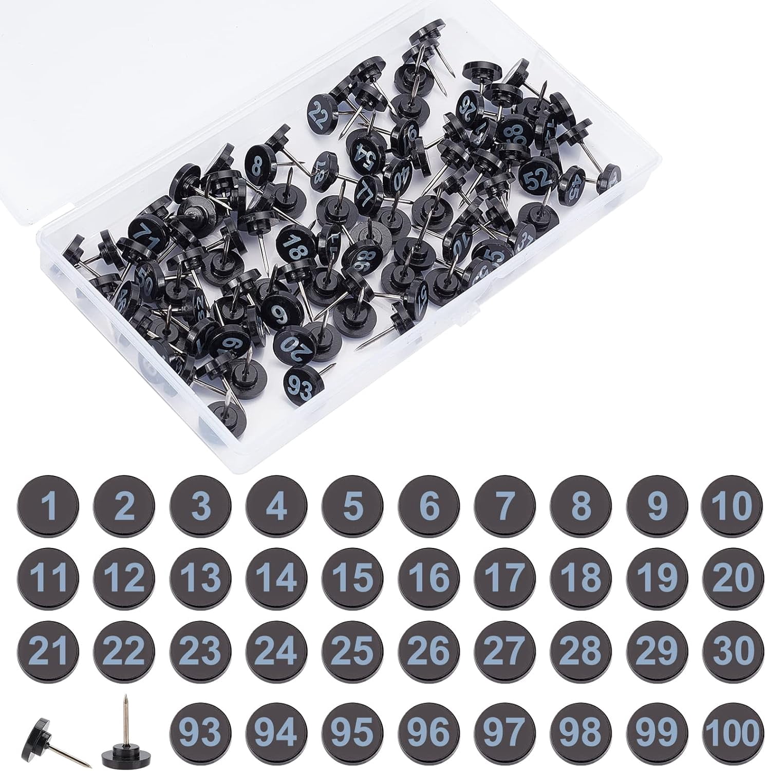 1box Plastic Pins Iron Drawing Push Pins Flat Round with Number Thumb ...