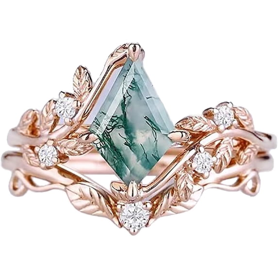 1ct Kite Shape Natural Moss Agate Engagement Ring Set Size 6.5 Sterling ...