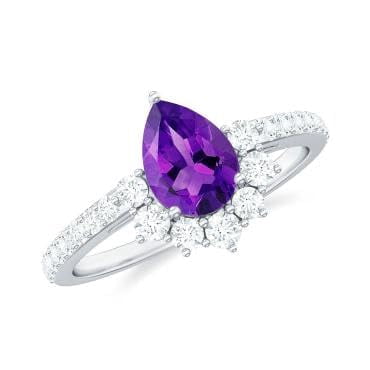 1ct Pear Amethyst Teardrop Ring with CZ Halo 925 Sterling Silver ...