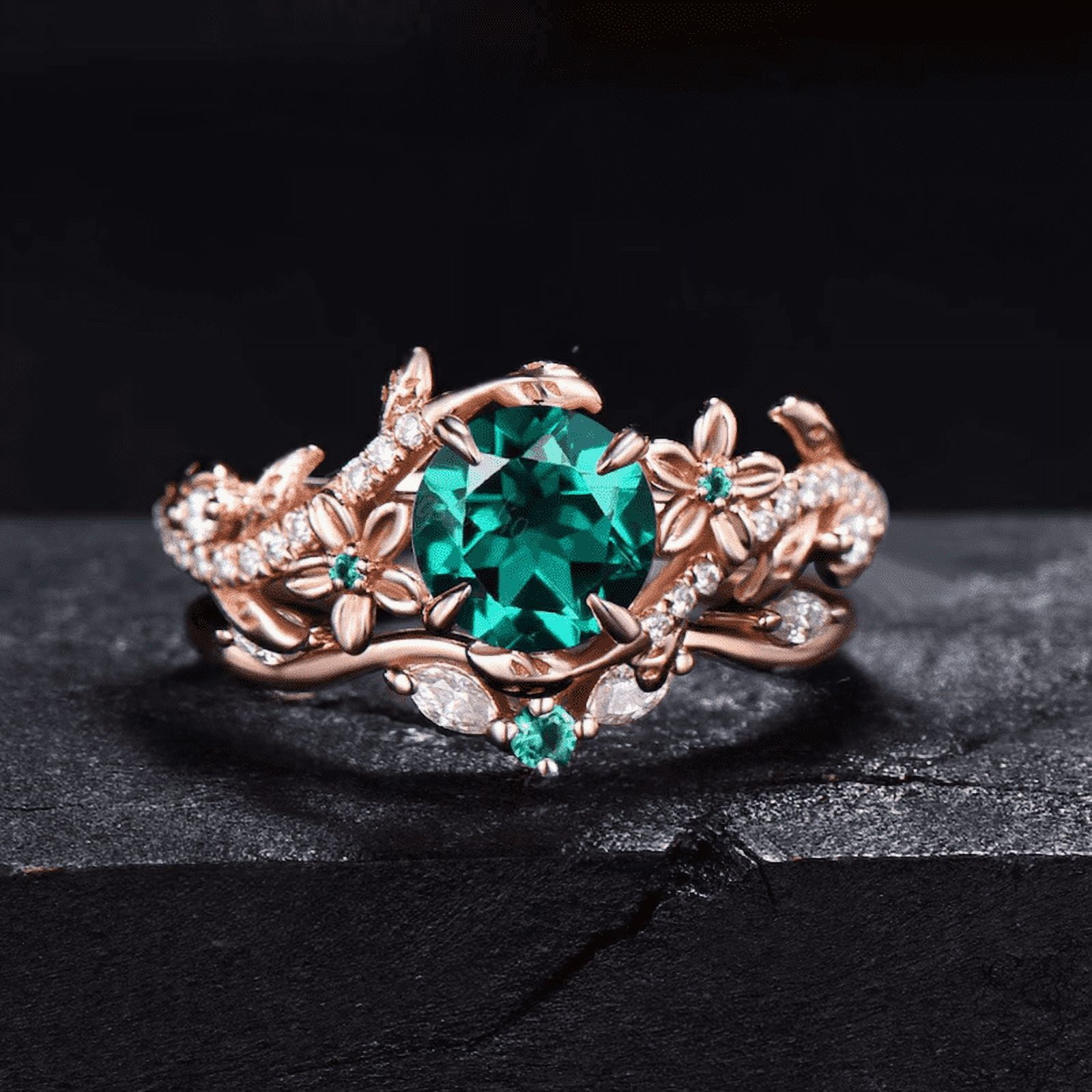 1ct Twig Round Cut Green Emerald Engagement Ring Set- 14k Rose Gold ...