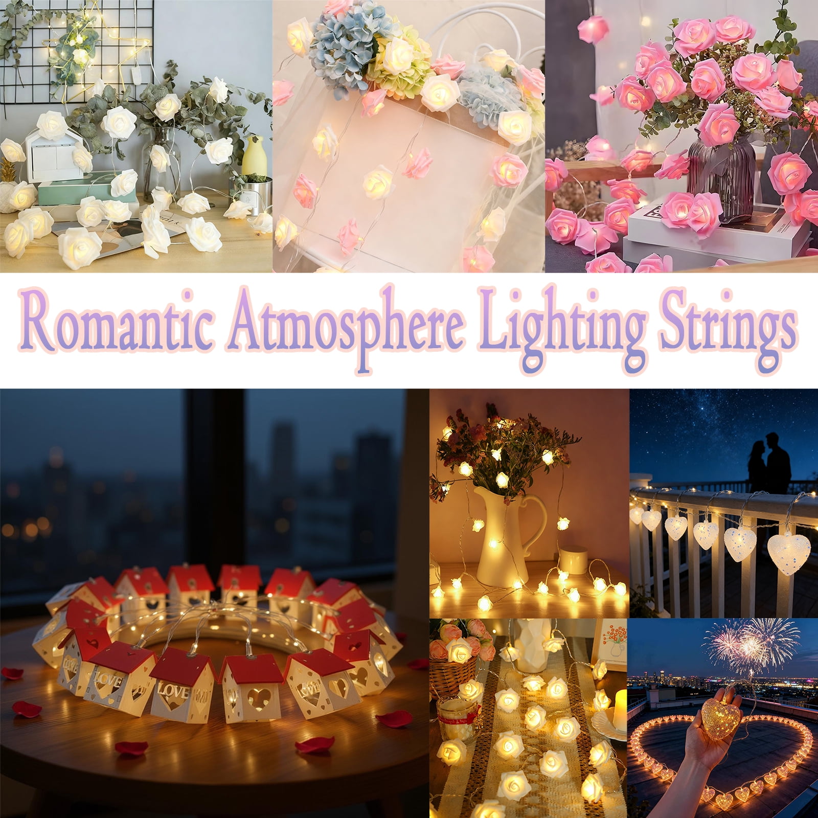 1m Valentine LED Necklace Style Rose String Lights, Colorful Decorative ...
