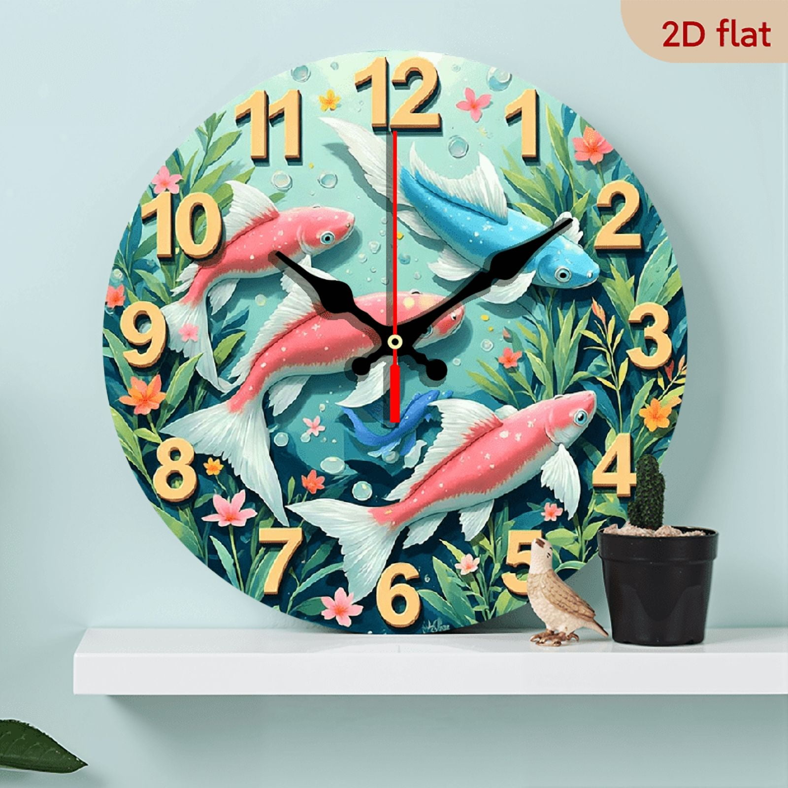 1pc 10Inch Wooden Koi Fish Wall Clock - Silent Non-Ticking Round Wooden ...