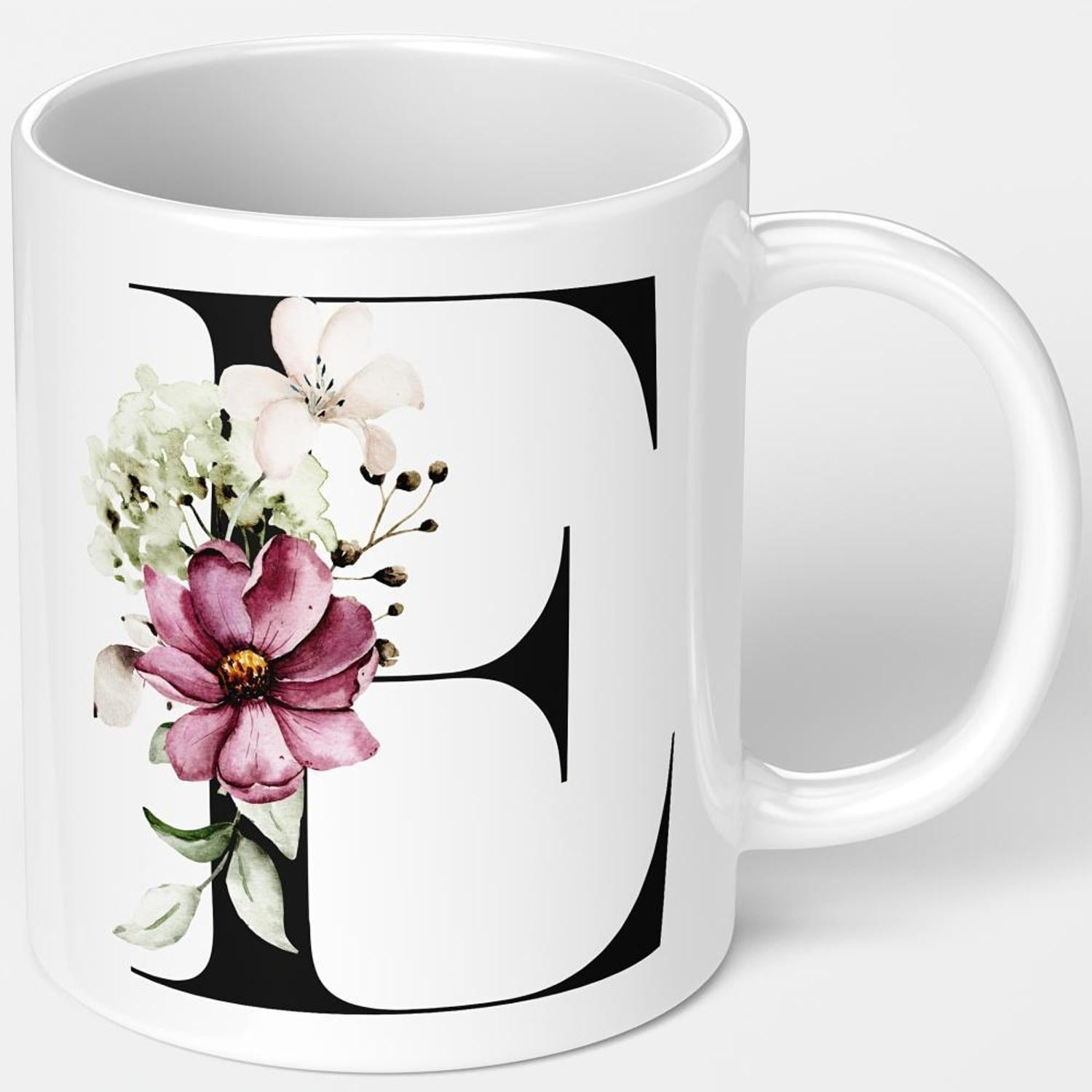 1pc 11oz 330ml Exquisite Watercolor Floral Letter E Ceramic Cup White ...