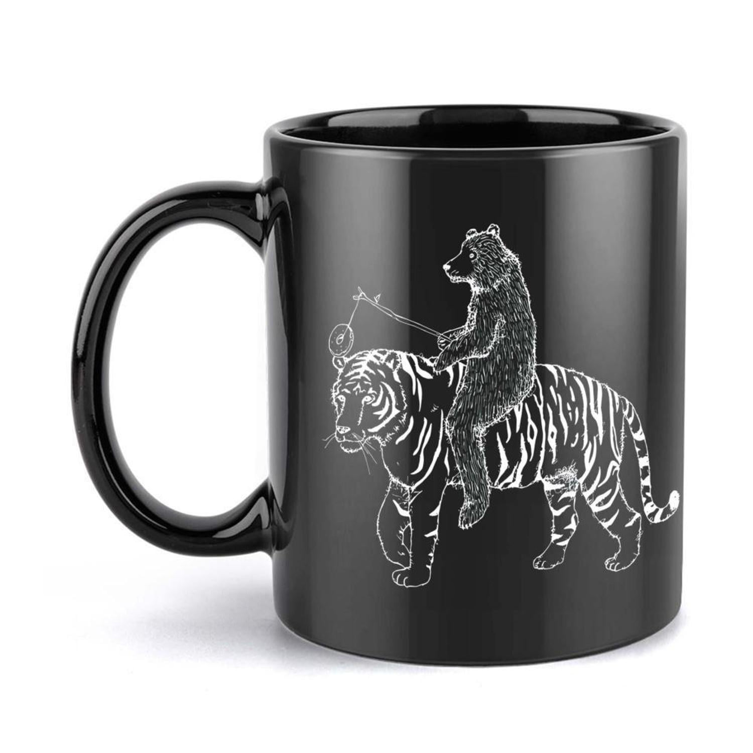 1pc 11oz Black Ceramic Coffee Mug with Bear Riding Tiger Design Durable ...