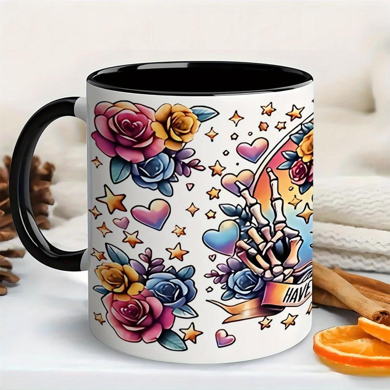 1pc 11oz Ceramic Coffee Mug Mexican Folk Art Sugar Skull with Roses ...