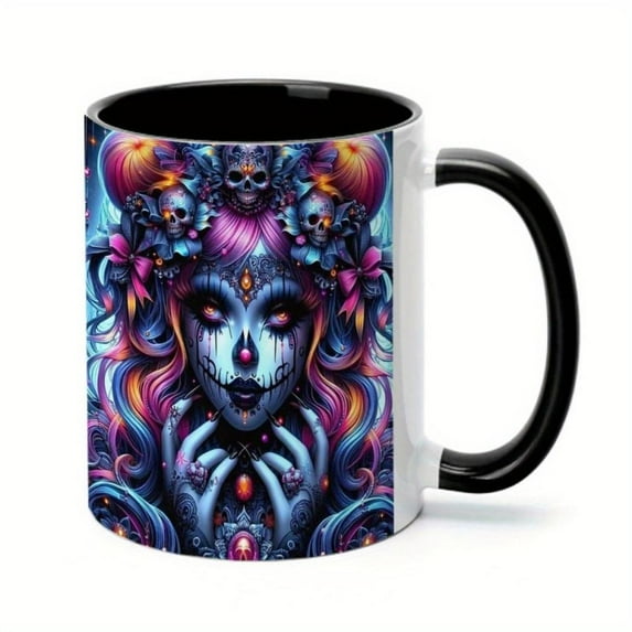 1pc 11oz Ceramic Coffee Mug with Skull Floral Design Black Handle ...
