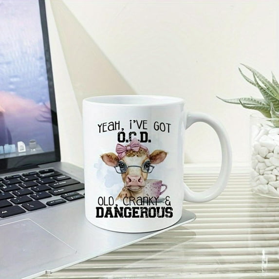 1pc 11oz Ceramic Coffee Mug with Cute Cow Pattern Humorous Old Crazy ...