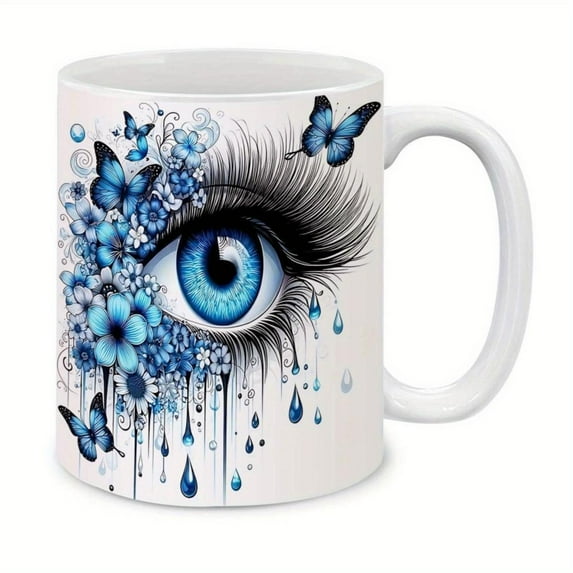 1pc 11oz Ceramic Coffee Mug with Vibrant Blue Eye Design Durable Hand ...