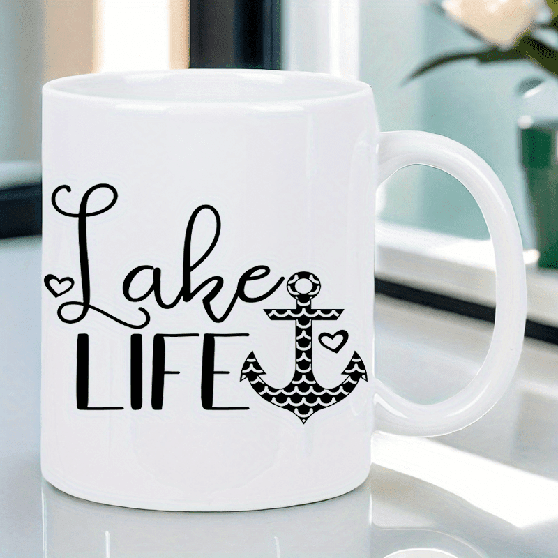 1pc, 11oz, Ceramic Lake LIFE Reusable Insulated Travel Mug, White, Hand ...