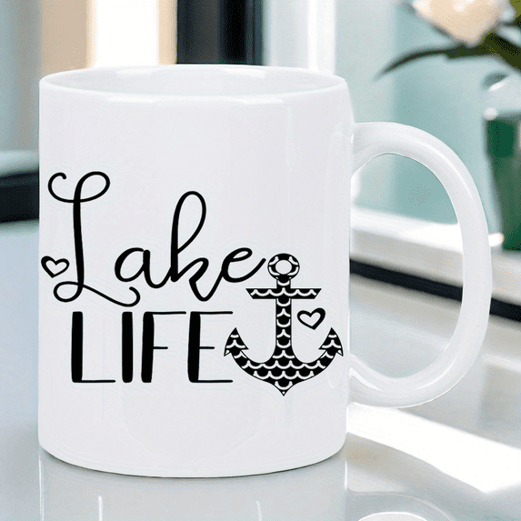 1pc, 11oz, Ceramic Lake LIFE Reusable Insulated Travel Mug, White, Hand ...