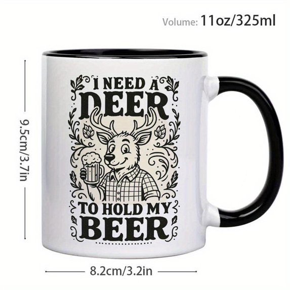1pc 11oz Ceramic Mug with Funny Deer Beer Design Retro Deer Holding ...