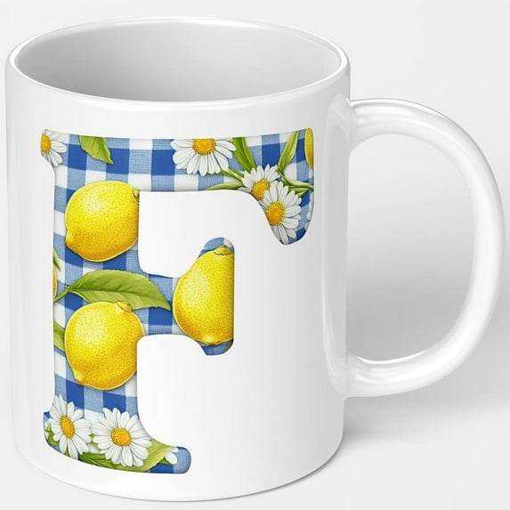 1pc 11oz Ceramic Mug with Lemon Daisy Blue Plaid Letter F Design White ...