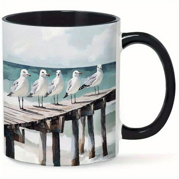 1pc 11oz Ceramic Mug with Seaside Pier and Seagulls Oil Painting Design ...