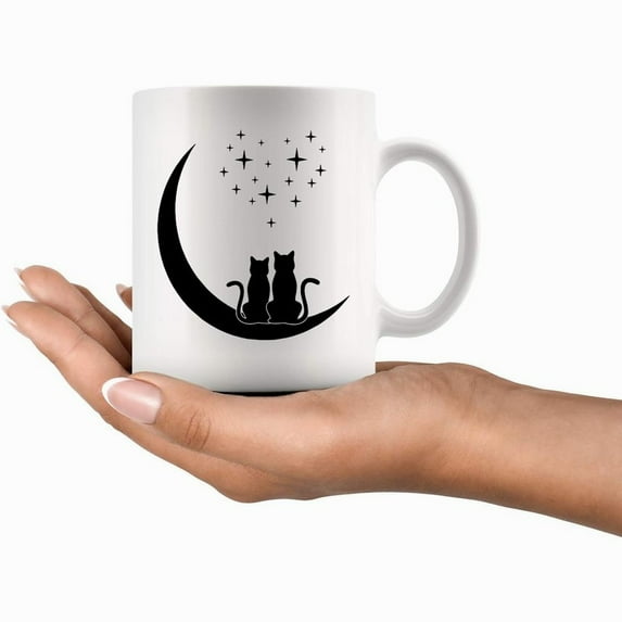 1pc 11oz Ceramic Mug with Two Cats on Crescent Moon & Starry Sky Design ...
