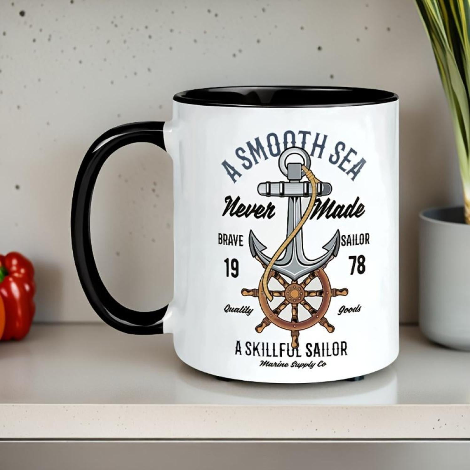 1pc 11oz Ceramic Nautical Anchor Coffee Mug Double Sided Black White ...
