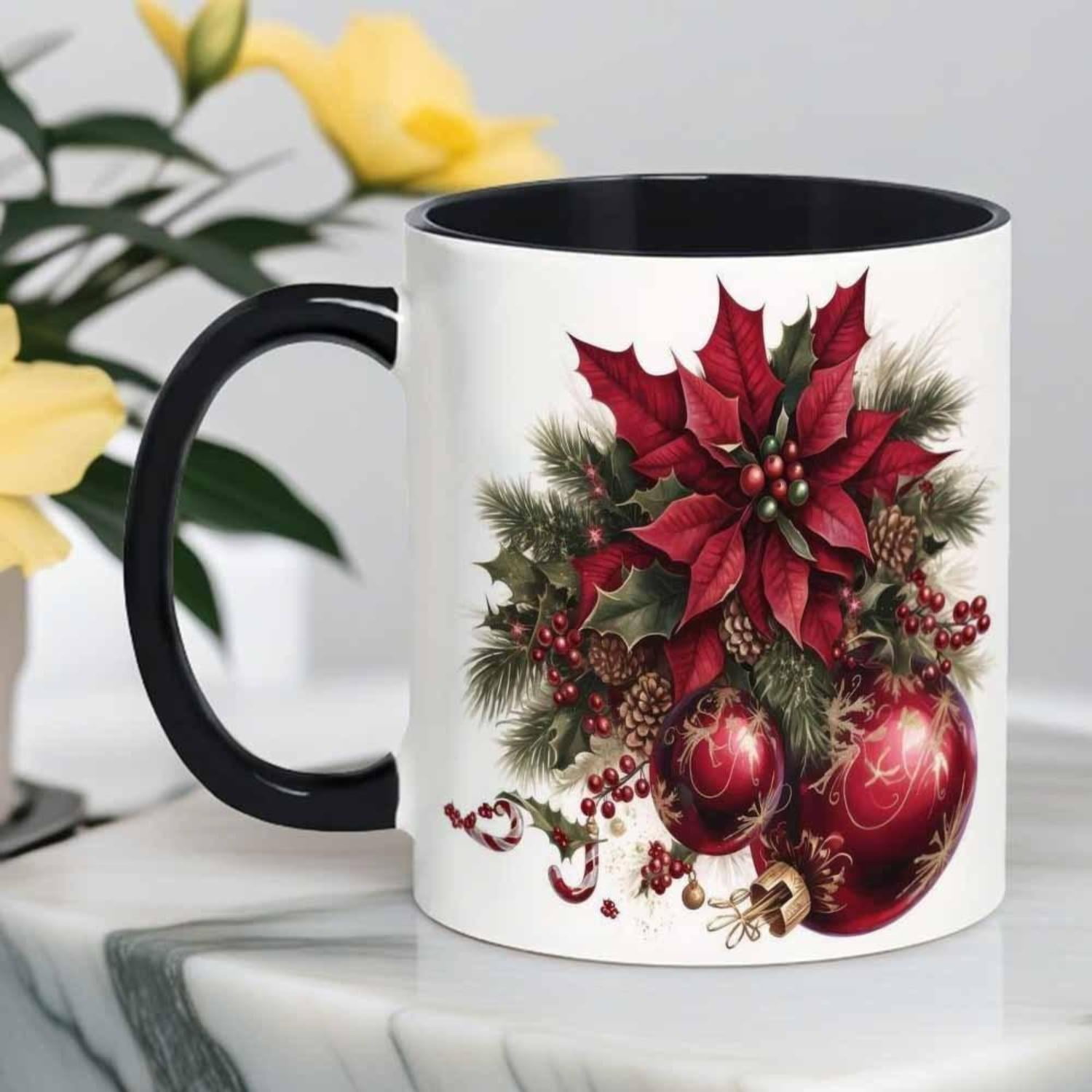 1pc 11oz Christmas Poinsettia Ornament Printed Ceramic Mug Red Golden ...