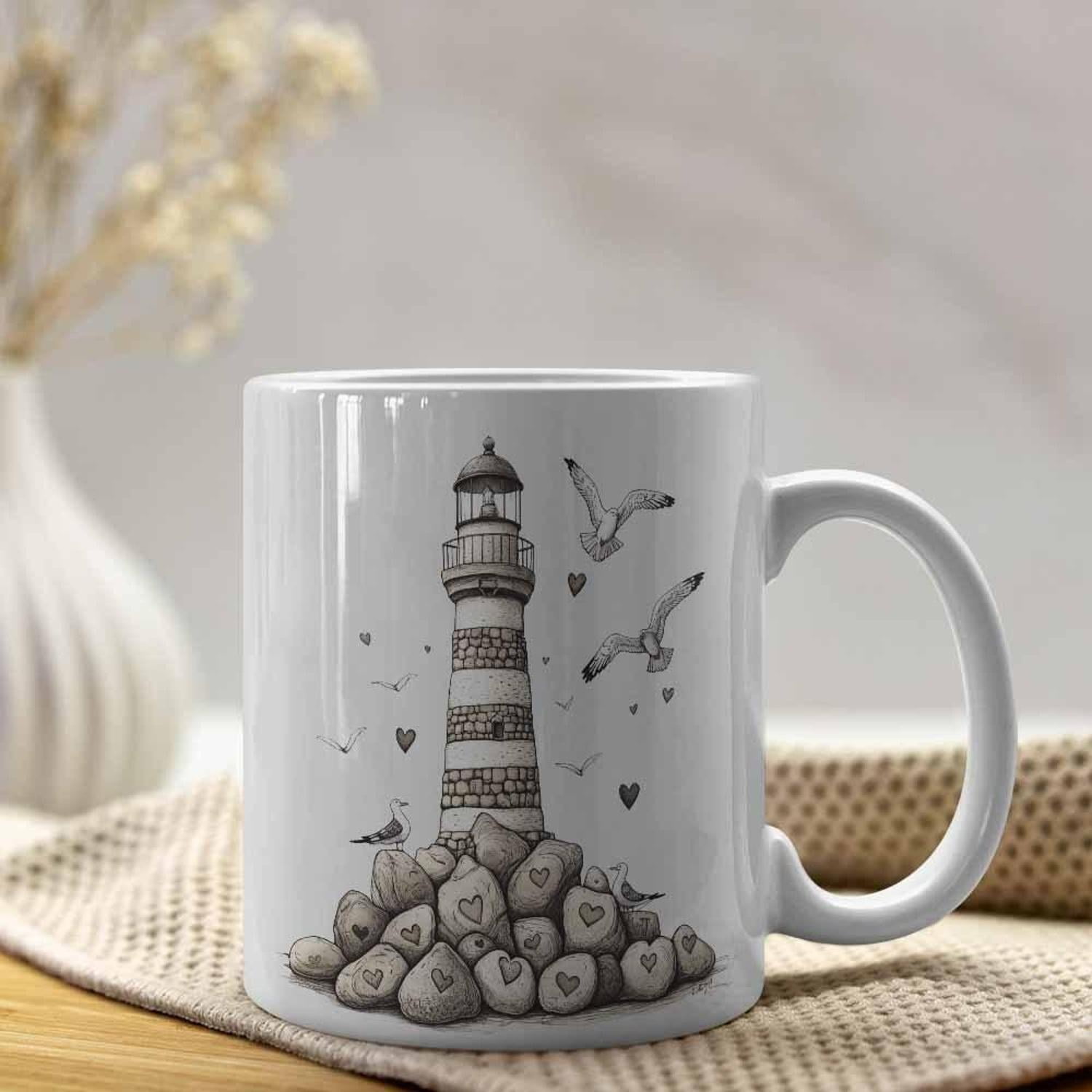 1pc 11oz Coffee Mug with Lighthouse Seagulls Hearts Design Reusable ...