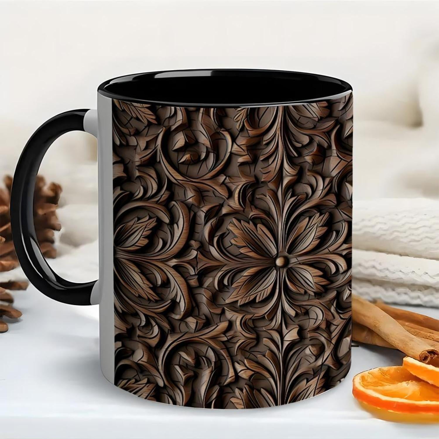 1pc 11oz Exquisite Wood Carving Pattern Ceramic Coffee Mug Retro Style ...