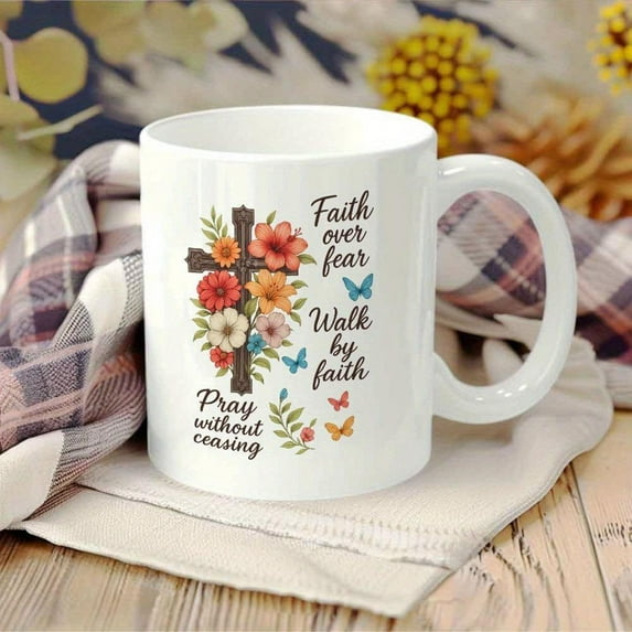 1pc 11oz Floral cross with butterflies and inspirational quotes cute ...