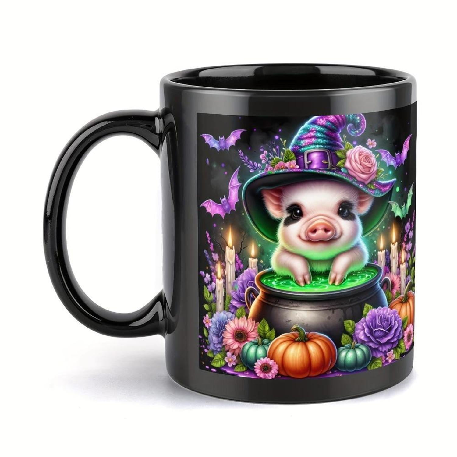 1pc 11oz Halloween Ceramic Mug with Cute Pig Witch Hat Cauldron Design ...