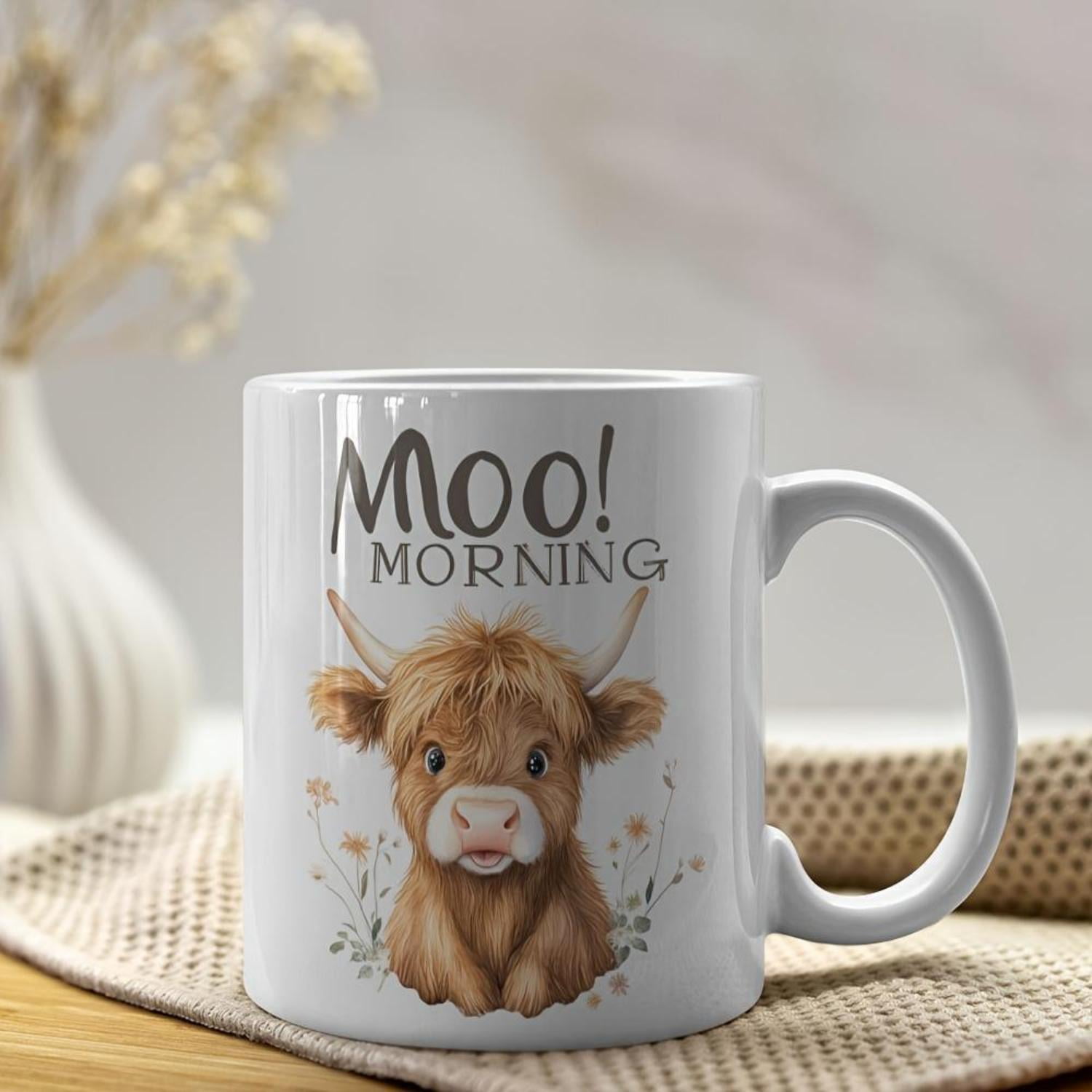 1pc 11oz Highland Cow Ceramic Mug with Moo Morning Text Cute Farm ...