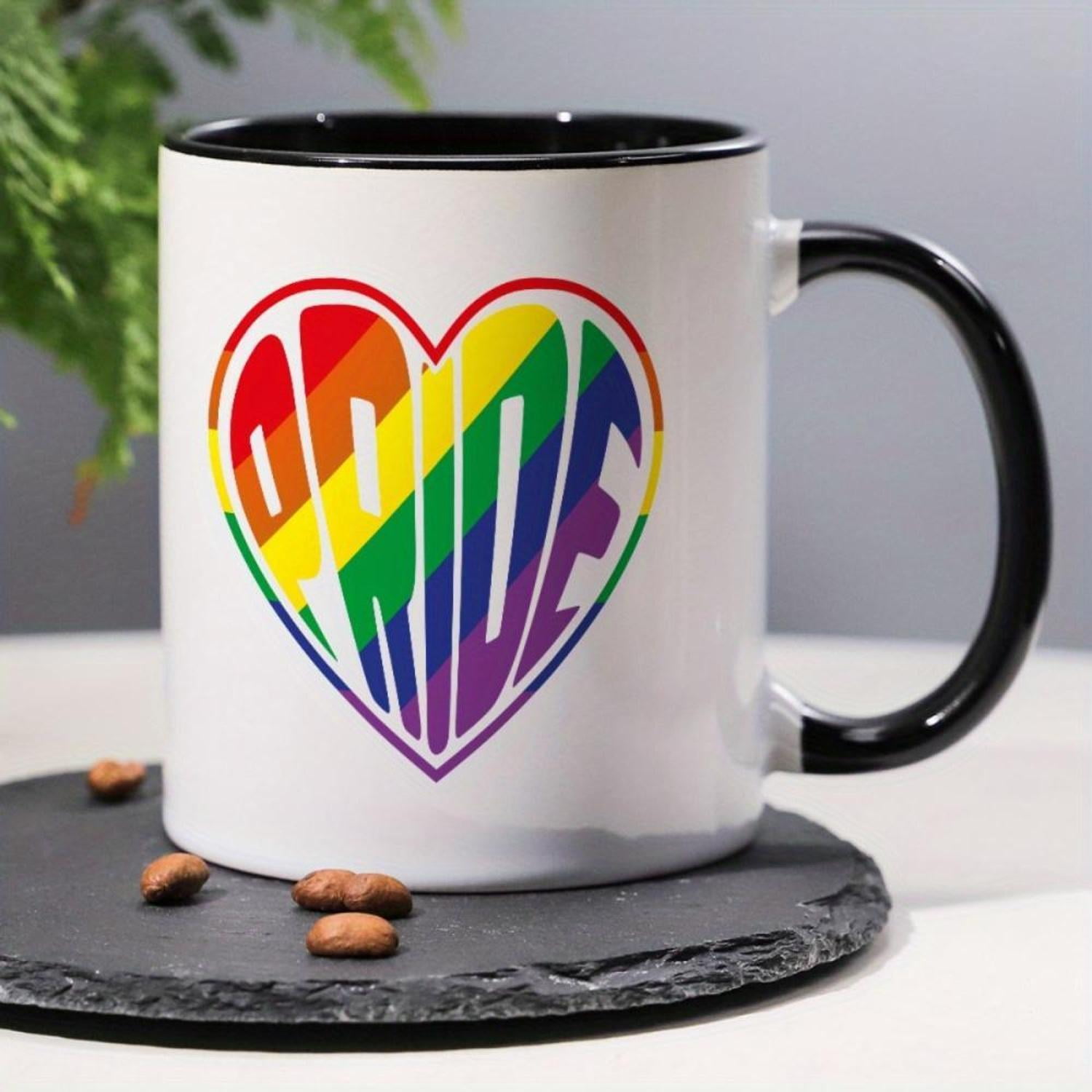 1pc 11oz LGBTQ Coffee Mug with Heart PRIDE Design White Exterior Black ...
