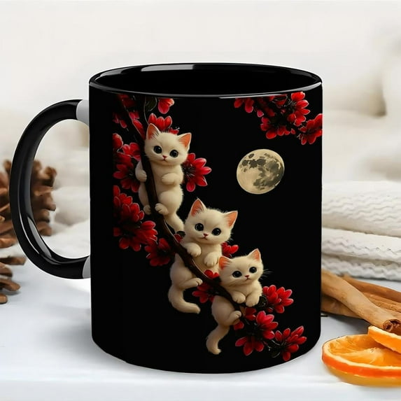 1pc 11oz Moonlight Cherry Blossom Style Coffee Mug Cute Kitten Red ...
