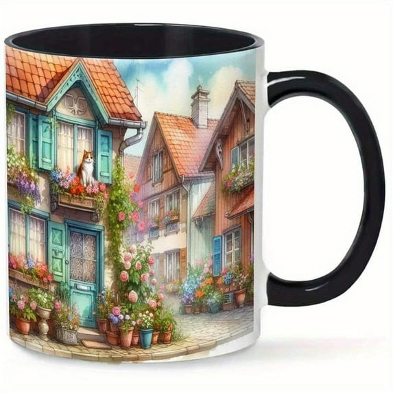 1pc 11oz Mug Watercolor Small Town Street Scene with Flowers Cats ...
