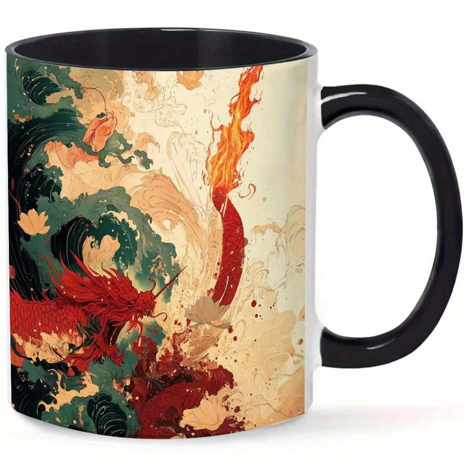 1pc 11oz Mystical Red Ceramic Mug Mythological Style with Waves Flames ...