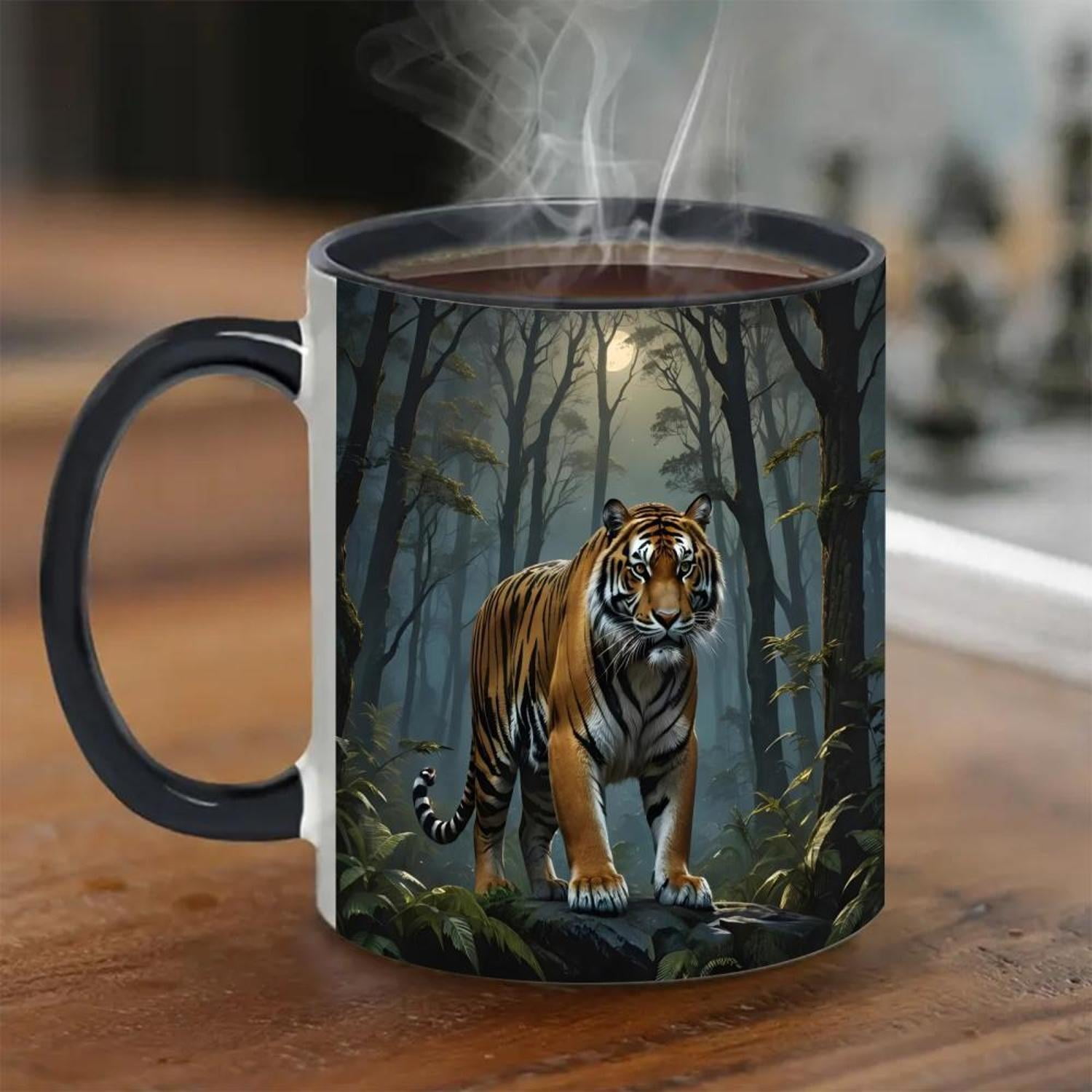 1pc 11oz Porcelain Tiger Mug with Mystical Forest Moonlight Design ...