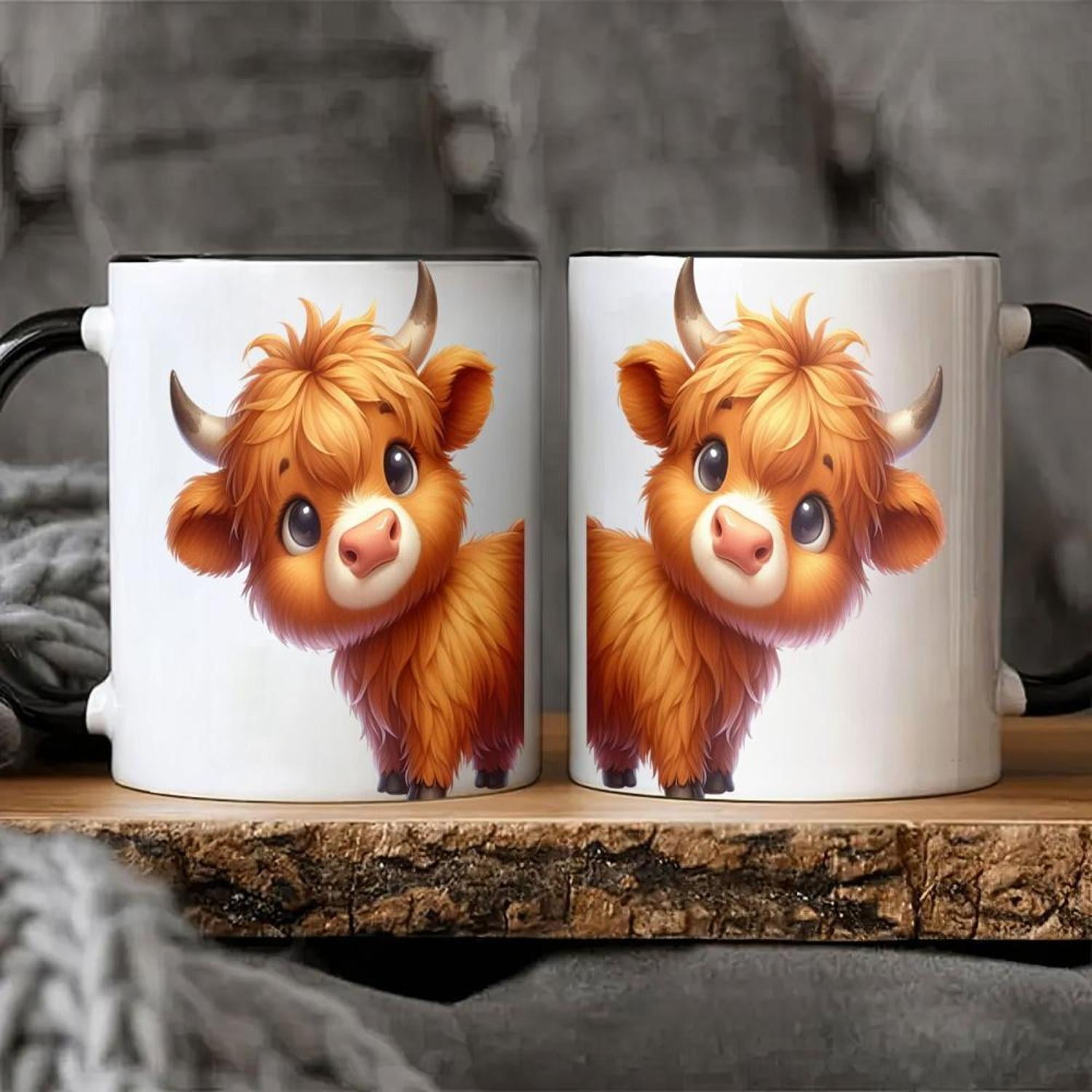 1pc 11oz White Ceramic Mug with Playful Highland Bull Design Black ...