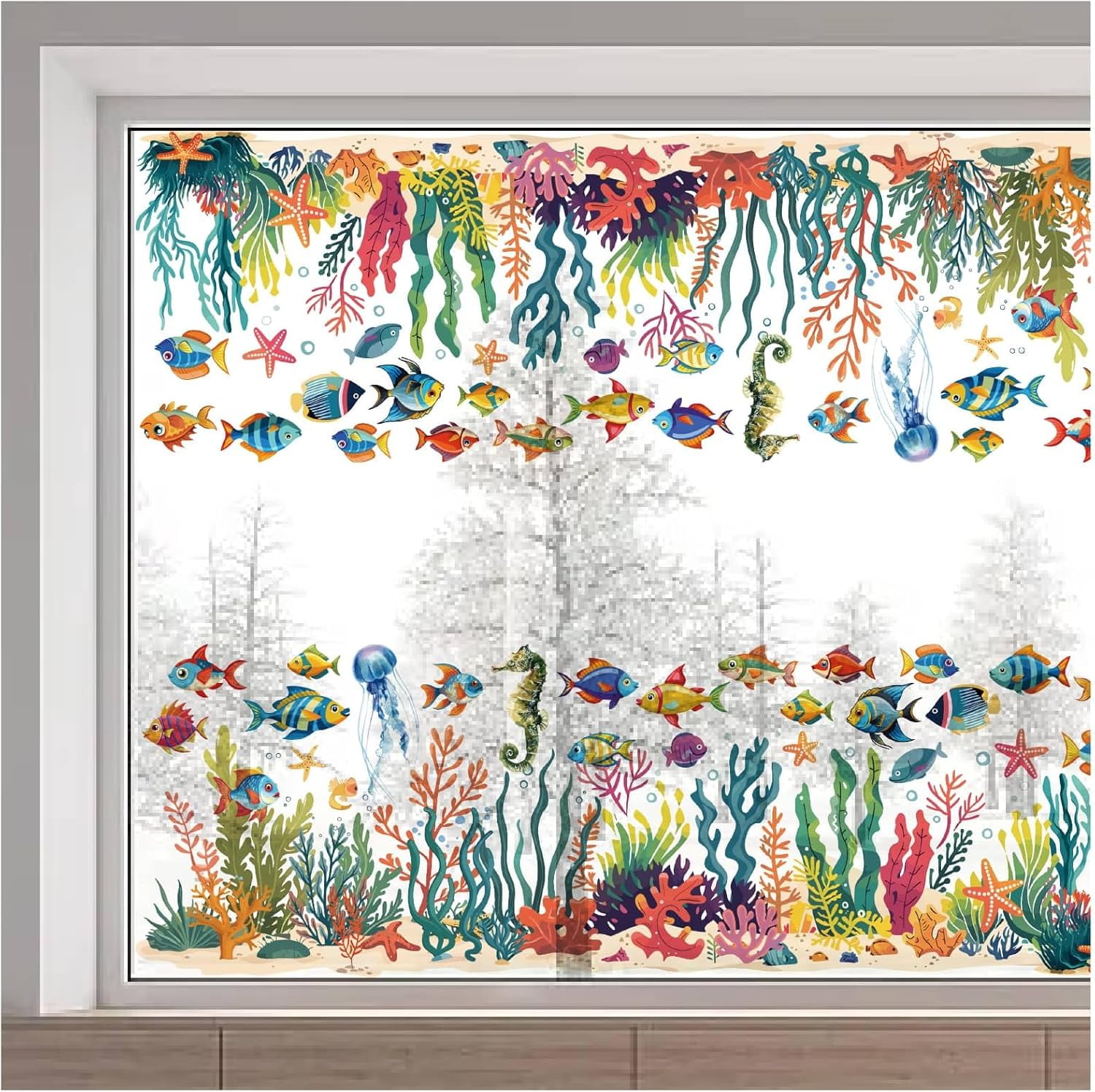 1pc 15x46inch Ocean Window Sticker Sealife Fish Jellyfish Seahorse Sea ...