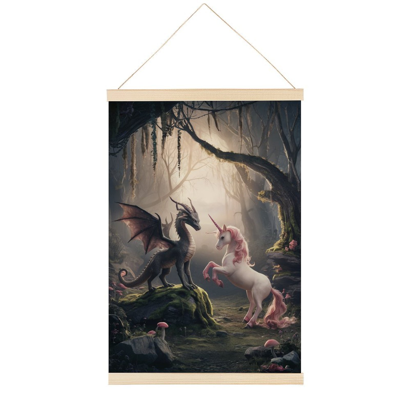 1pc 16inX24in A Framed Wooden Scroll Painting of The Unicorn And Dragon ...