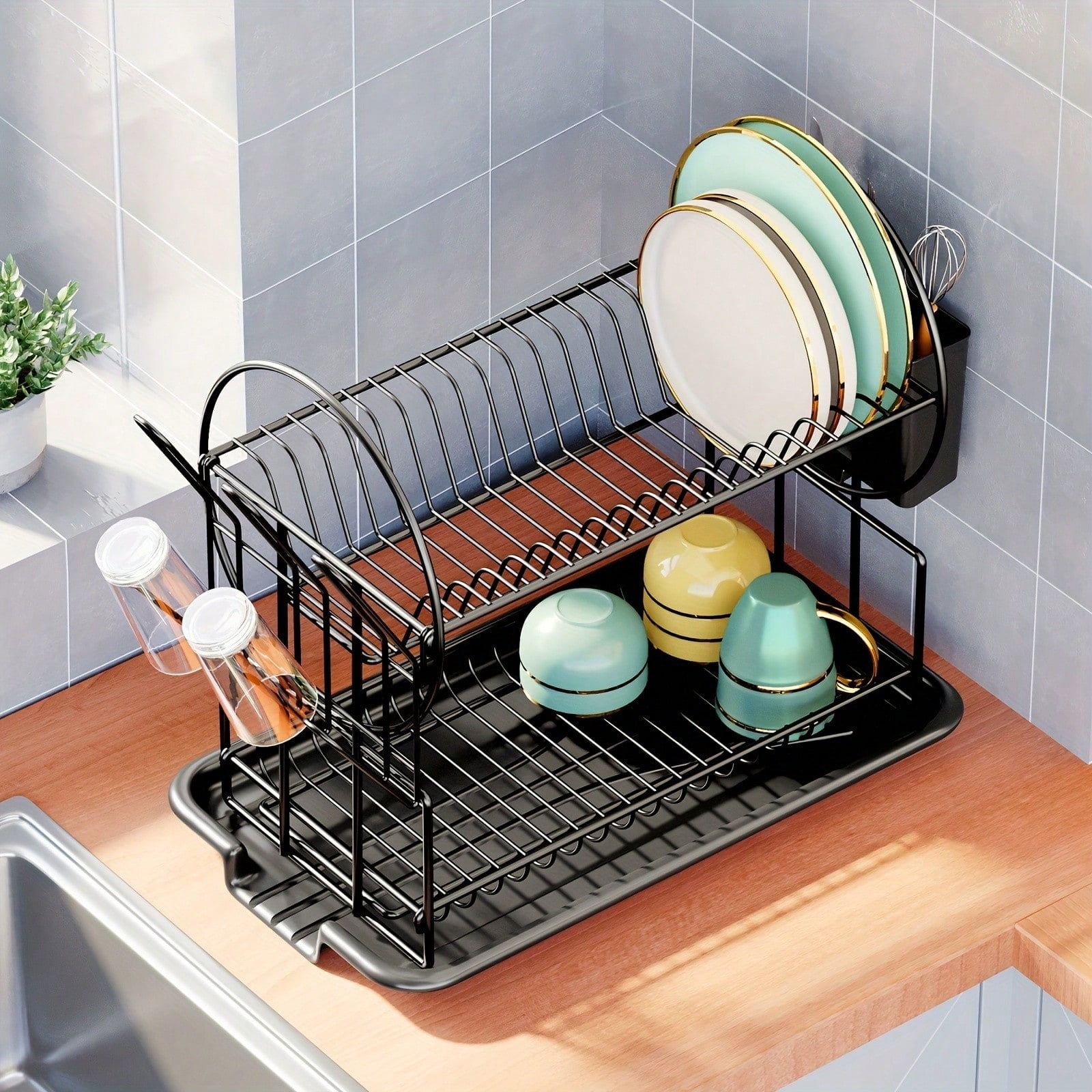 1pc 2-Layer Metal And Plastic Cutlery Drying Rack With Draining Tray ...