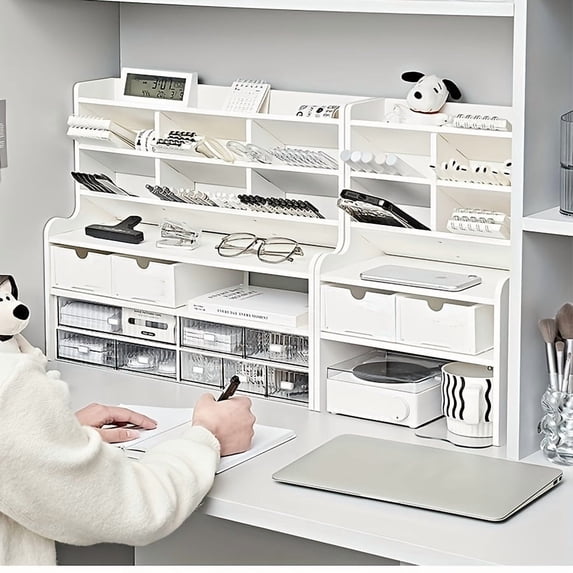 1pc 2-Tier Desk Organizer with Drawer, Pen Holder & Bookshelf, Matte ...