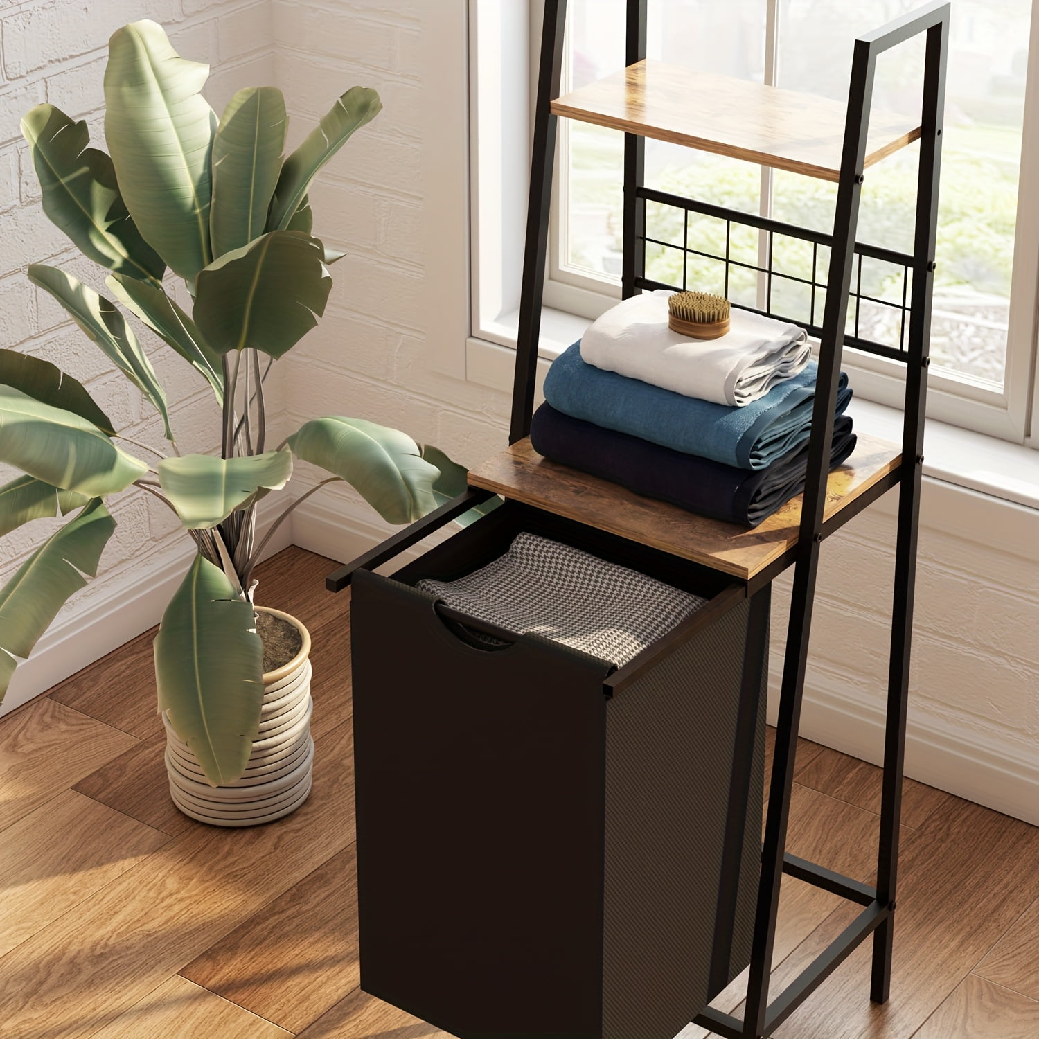 1pc 2-Tier Laundry Hamper with Wooden Shelf and Hooks, Vertical Basket ...
