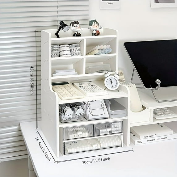 1pc 2-Tier Matte White Desk Organizer with Drawer - Tilt Pen Holder ...