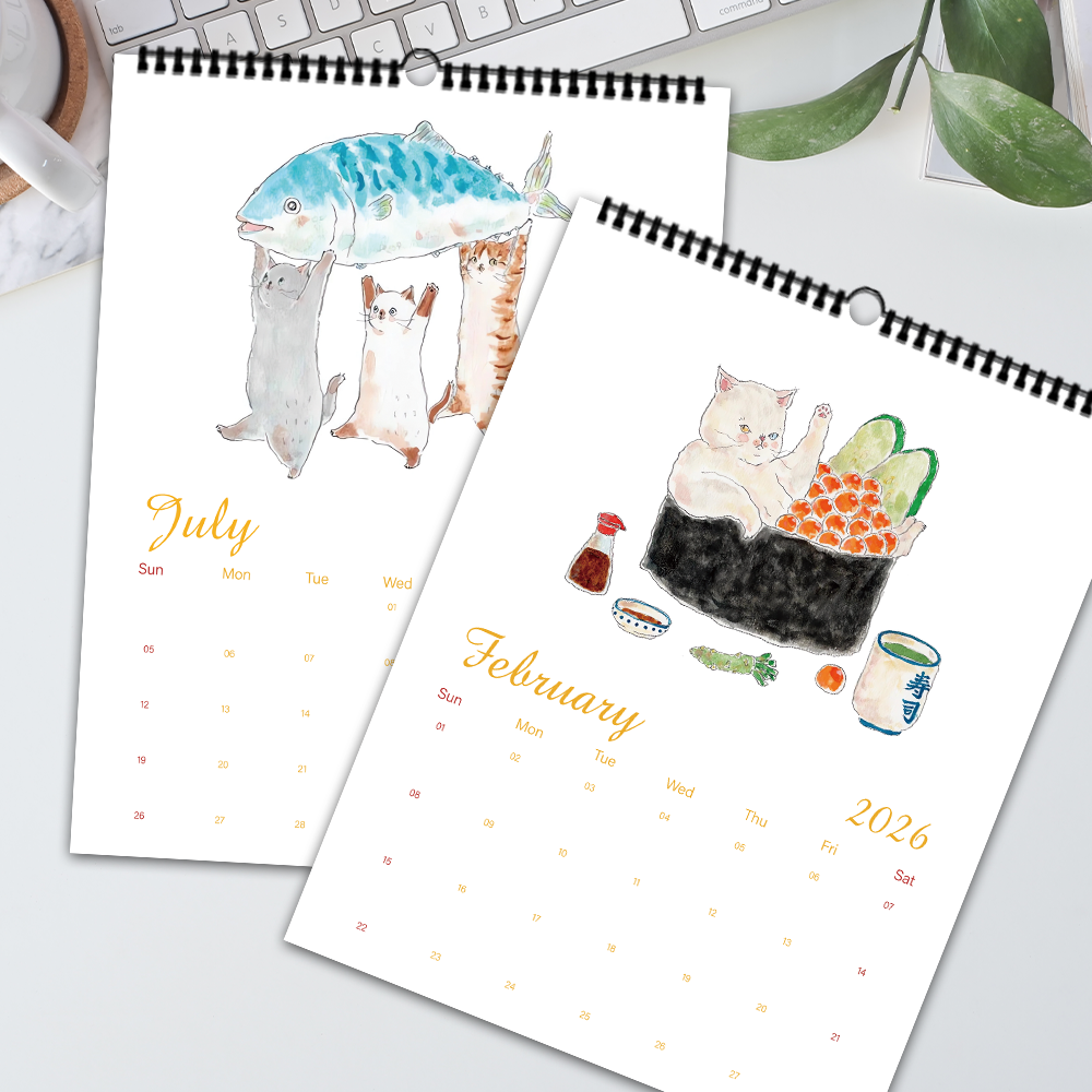 1pc 2026 Wall Calendar, Cute Japanese Cat Design, Sushi Cats, 12 Months ...