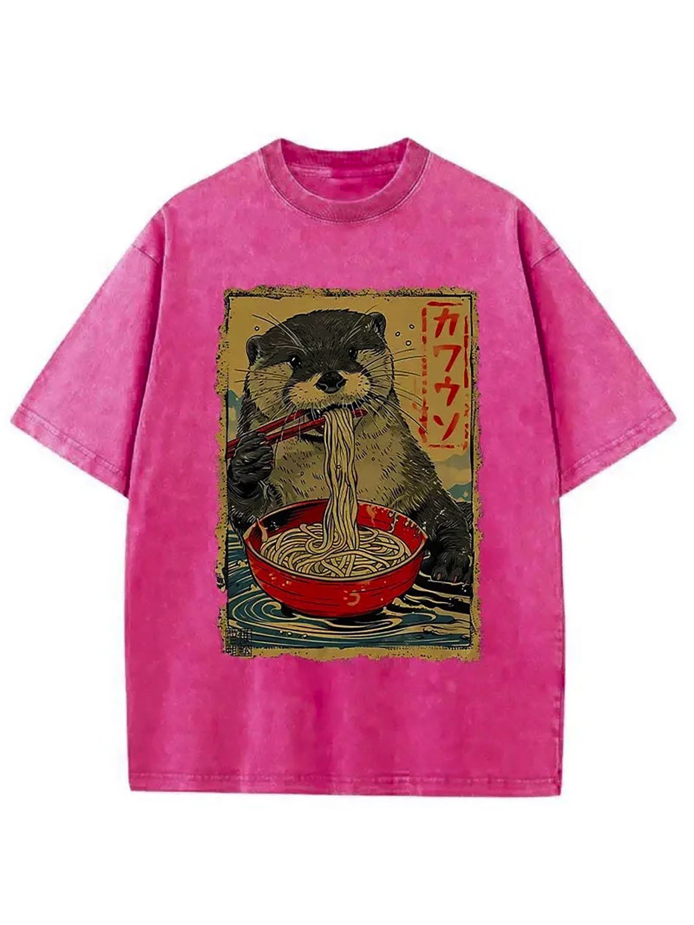 1pc, 230g Washed Cotton T-Shirt with Animal Eating Ramen Print, Vintage ...