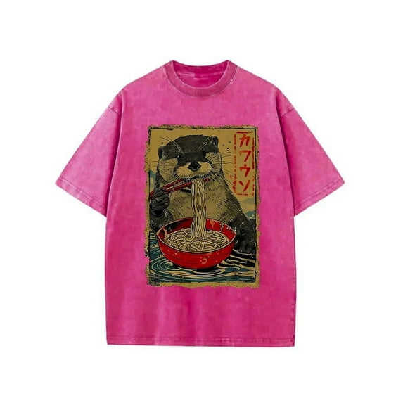 1pc, 230g Washed Cotton T-Shirt with Animal Eating Ramen Print, Vintage Streetwear Style, Loose ...